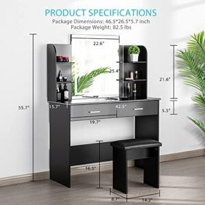 VIVOHOME Makeup Vanity Table Set with 3-Color Dimmable Lighted Mirror, 6 Storage Shelves, 2 Drawers, Cushioned Stool, Black