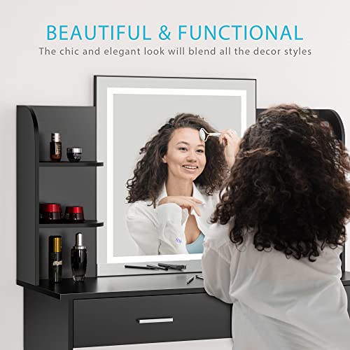 VIVOHOME Makeup Vanity Table Set with 3-Color Dimmable Lighted Mirror, 6 Storage Shelves, 2 Drawers, Cushioned Stool, Black