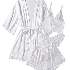 SOLY HUX Women's Satin Pajama Set 4pcs Floral Lace Trim Cami Lingerie Sleepwear with Robe White Solid L