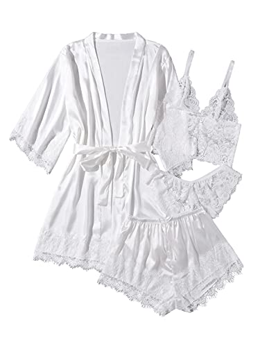 SOLY HUX Women's Satin Pajama Set 4pcs Floral Lace Trim Cami Lingerie Sleepwear with Robe White Solid L