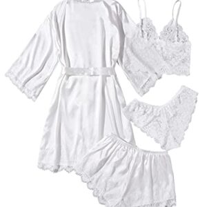 SOLY HUX Women's Satin Pajama Set 4pcs Floral Lace Trim Cami Lingerie Sleepwear with Robe White Solid L