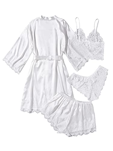 SOLY HUX Women's Satin Pajama Set 4pcs Floral Lace Trim Cami Lingerie Sleepwear with Robe White Solid L