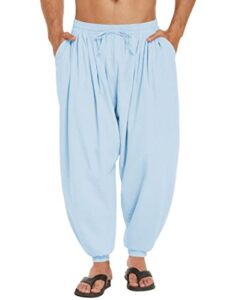 coofandy men's cotton linen pants wide leg pants baggy harem pants beach trousers sky blue