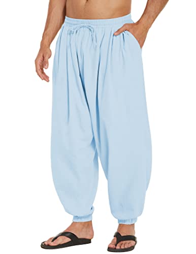 COOFANDY Men's Cotton Linen Pants Wide Leg Pants Baggy Harem Pants Beach Trousers Sky Blue