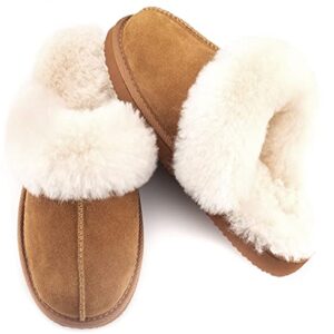 Parfeying Women's Sheepskin House Slippers Indoor Outdoor Shearling Shoes for Women,L21605 Chestnut 11US