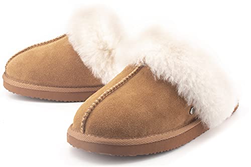 Parfeying Women's Sheepskin House Slippers Indoor Outdoor Shearling Shoes for Women,L21605 Chestnut 11US