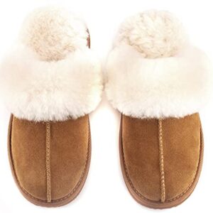 Parfeying Women's Sheepskin House Slippers Indoor Outdoor Shearling Shoes for Women,L21605 Chestnut 11US