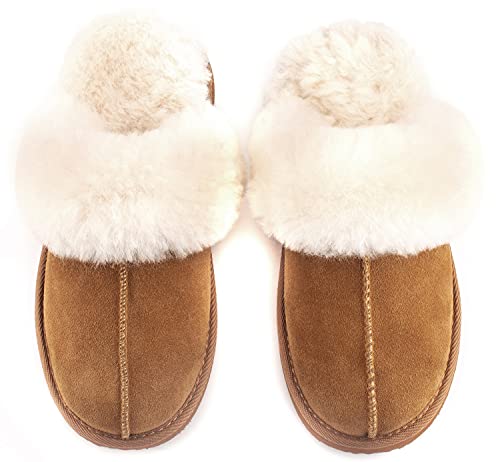 Parfeying Women's Sheepskin House Slippers Indoor Outdoor Shearling Shoes for Women,L21605 Chestnut 11US