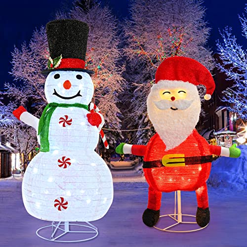 Lighted Snowman Outdoor Christmas Decorations, Set of 2 Collapsible 36 Inch Snowman 32 Inch Santa 100 LEDs Plug-in Power Fluffy Foldable Pop Up Holiday Display for Christmas Indoor Outdoor Yard Décor