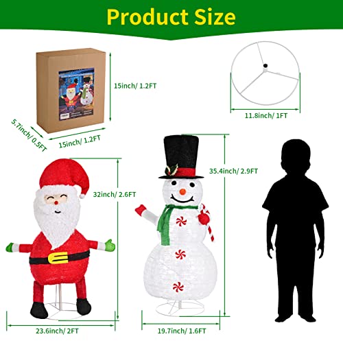 Lighted Snowman Outdoor Christmas Decorations, Set of 2 Collapsible 36 Inch Snowman 32 Inch Santa 100 LEDs Plug-in Power Fluffy Foldable Pop Up Holiday Display for Christmas Indoor Outdoor Yard Décor