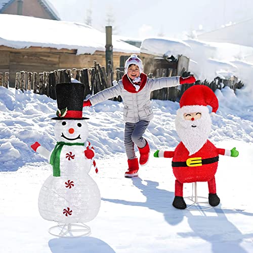 Lighted Snowman Outdoor Christmas Decorations, Set of 2 Collapsible 36 Inch Snowman 32 Inch Santa 100 LEDs Plug-in Power Fluffy Foldable Pop Up Holiday Display for Christmas Indoor Outdoor Yard Décor