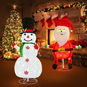 Lighted Snowman Outdoor Christmas Decorations, Set of 2 Collapsible 36 Inch Snowman 32 Inch Santa 100 LEDs Plug-in Power Fluffy Foldable Pop Up Holiday Display for Christmas Indoor Outdoor Yard Décor