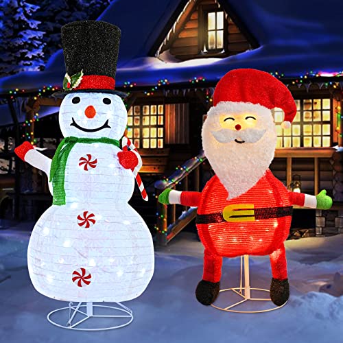 Lighted Snowman Outdoor Christmas Decorations, Set of 2 Collapsible 36 Inch Snowman 32 Inch Santa 100 LEDs Plug-in Power Fluffy Foldable Pop Up Holiday Display for Christmas Indoor Outdoor Yard Décor