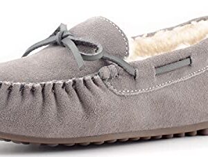 Parfeying Women's Sheepskin Moccasins Cow Suede Memory Foam Slippers Indoor Outdoor Shearling Winter Shoes,L20101 Grey 5US