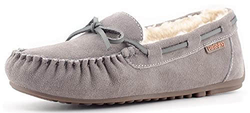 Parfeying Women's Sheepskin Moccasins Cow Suede Memory Foam Slippers Indoor Outdoor Shearling Winter Shoes,L20101 Grey 5US