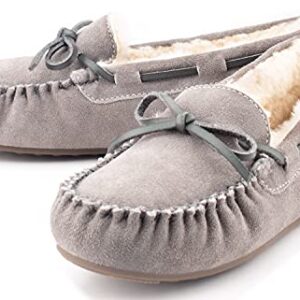 Parfeying Women's Sheepskin Moccasins Cow Suede Memory Foam Slippers Indoor Outdoor Shearling Winter Shoes,L20101 Grey 5US