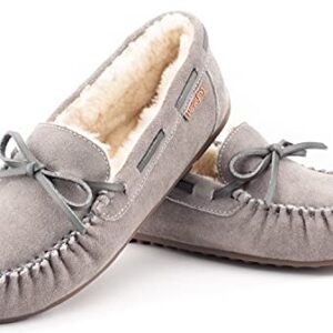 Parfeying Women's Sheepskin Moccasins Cow Suede Memory Foam Slippers Indoor Outdoor Shearling Winter Shoes,L20101 Grey 5US