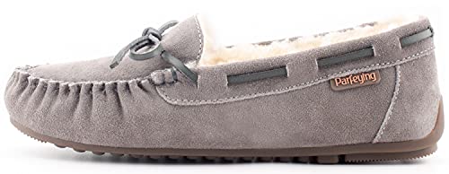 Parfeying Women's Sheepskin Moccasins Cow Suede Memory Foam Slippers Indoor Outdoor Shearling Winter Shoes,L20101 Grey 5US