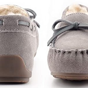 Parfeying Women's Sheepskin Moccasins Cow Suede Memory Foam Slippers Indoor Outdoor Shearling Winter Shoes,L20101 Grey 5US