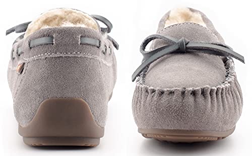 Parfeying Women's Sheepskin Moccasins Cow Suede Memory Foam Slippers Indoor Outdoor Shearling Winter Shoes,L20101 Grey 5US