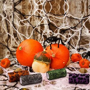 120 Feet/ 4 Rolls Halloween Glitter Tulle Rolls Spider Web Pattern Tulle Ribbon Pumpkin Bat Printed Tulle Rolls Shimmer Tulle Netting Roll for Wreath Making Supplies Halloween decoration, 5 Inch Wide.