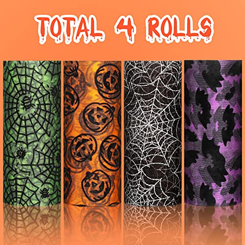 120 Feet/ 4 Rolls Halloween Glitter Tulle Rolls Spider Web Pattern Tulle Ribbon Pumpkin Bat Printed Tulle Rolls Shimmer Tulle Netting Roll for Wreath Making Supplies Halloween decoration, 5 Inch Wide.