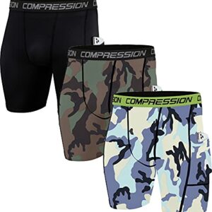 Holure Men's 3 Pack Sport Compression Shorts Compression Underwear,Black/Camo Blue/Camo Green 11-M