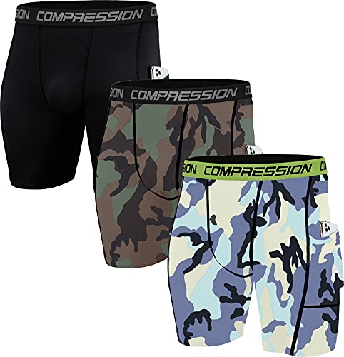 Holure Men's 3 Pack Sport Compression Shorts Compression Underwear,Black/Camo Blue/Camo Green 11-M