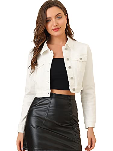 Allegra K Women's Casual Cropped Button Down Long Sleeves Basic Jean Denim Jacket X-Small White