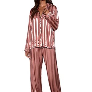 MakeMeChic Women's 2 Piece PJ Set Striped Long Sleeve Top and Pants Pajama Set Dusty Pink M