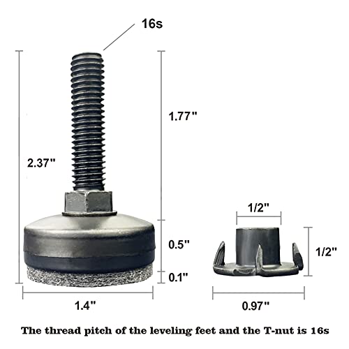 3/8" Threaded Leveling Feet Adjustable Table/Furniture Feet Levelers Screw on Heavy Duty Desk/Chair/Cabinet/Dresser/Bench Leg Leveler Screw in with Threaded Inserts(3/8-16,Large Base,Black,4 Pack)