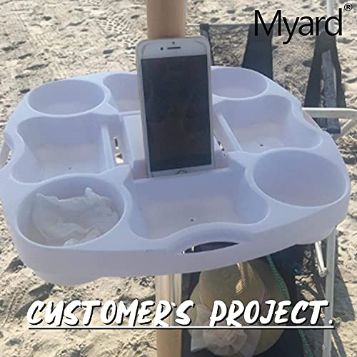 MYard Umbrella Table Tray 15 Inches Pro for Beach, Swimming Pool with 4 Drink Holders, 4 Snck Grooves, 4 Sunglasses Holes, 4 Phone Slots, 4 Airpods Holes, 2 iPad Slots, 4 Small Bag Hangers (White)