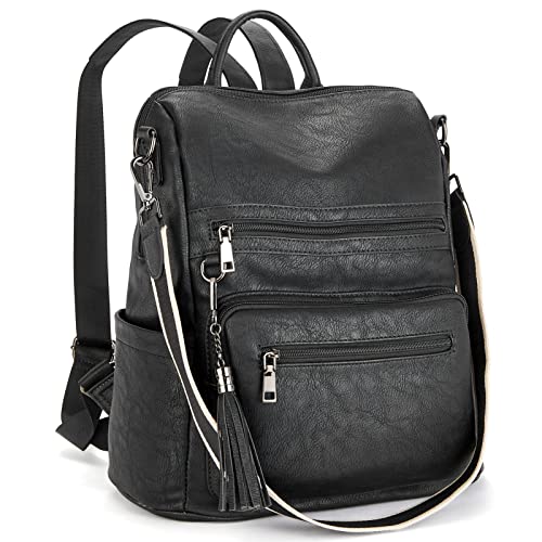 Telena Womens Backpack Purse Vegan Leather Large Travel Backpack College Shoulder Bag with Tassel Black