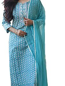 Arayna Women's Cotton Printed Straight Kurti Palazzo Pants Set With Dupatta, Blue, XX-Large