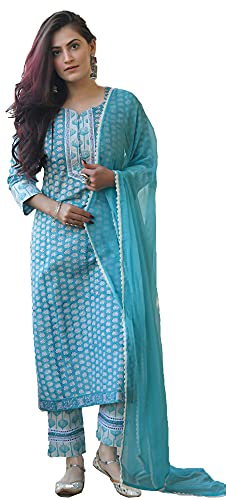 Arayna Women's Cotton Printed Straight Kurti Palazzo Pants Set With Dupatta, Blue, XX-Large