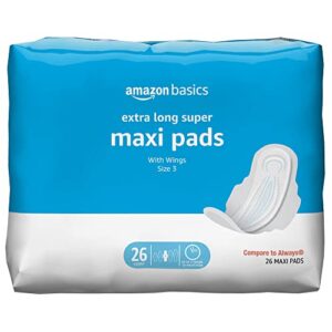 amazon basics thick maxi pads with flexi-wings for periods, extra long length, super absorbency, unscented, size 3, 26 count, 1 pack (previously solimo)