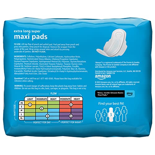 Amazon Basics Thick Maxi Pads with Flexi-Wings for Periods, Extra Long Length, Super Absorbency, Unscented, Size 3, 26 Count, 1 Pack (Previously Solimo)