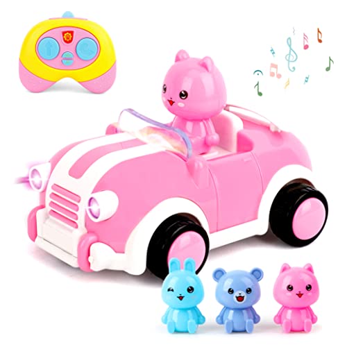 Pink Cartoon Remote Control Race Car with Music, Lights, and Animal Gift - Ideal Electric Toy for Toddlers, Kids, Boys, and Girls