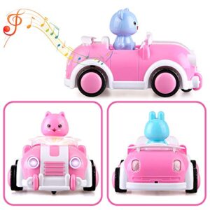 Pink Cartoon Remote Control Race Car with Music, Lights, and Animal Gift - Ideal Electric Toy for Toddlers, Kids, Boys, and Girls