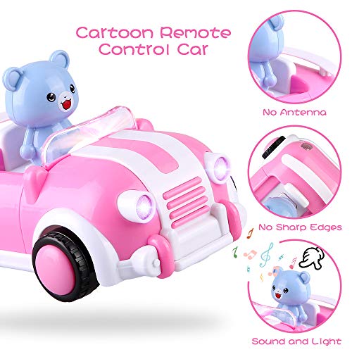 Pink Cartoon Remote Control Race Car with Music, Lights, and Animal Gift - Ideal Electric Toy for Toddlers, Kids, Boys, and Girls