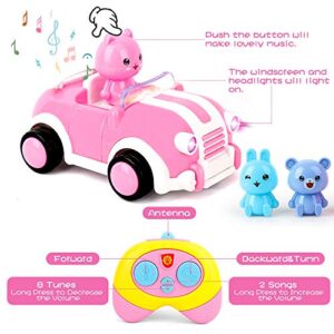 Pink Cartoon Remote Control Race Car with Music, Lights, and Animal Gift - Ideal Electric Toy for Toddlers, Kids, Boys, and Girls