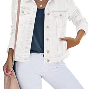 luvamia Women's Casual Denim Jacket Stretch Long Sleeve Button Down Basic Jean Trucker Jacket White Size Medium