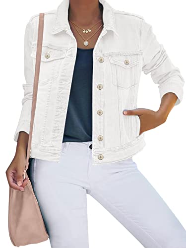 luvamia Women's Casual Denim Jacket Stretch Long Sleeve Button Down Basic Jean Trucker Jacket White Size Medium