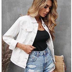 luvamia Women's Casual Denim Jacket Stretch Long Sleeve Button Down Basic Jean Trucker Jacket White Size Medium