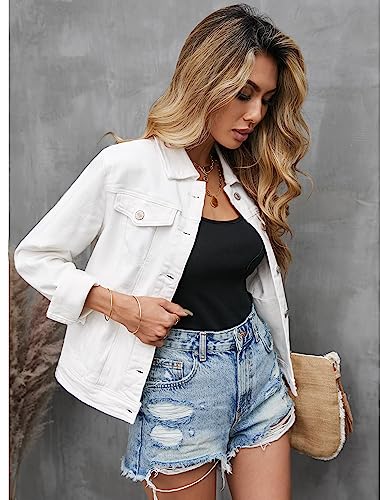 luvamia Women's Casual Denim Jacket Stretch Long Sleeve Button Down Basic Jean Trucker Jacket White Size Medium