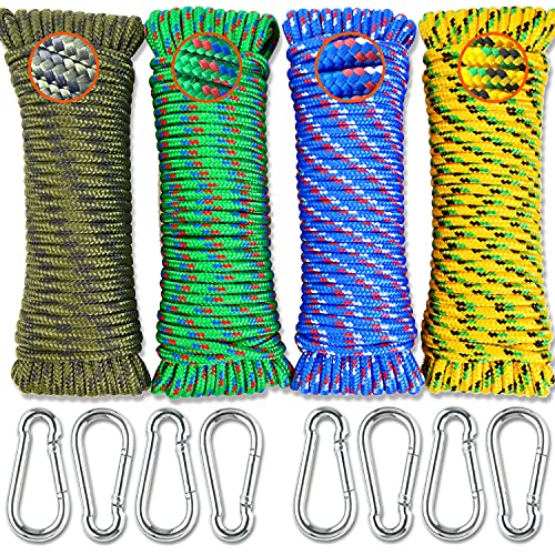 Wellmax Diamond Braided Polypropylene Rope with UV Treatment and Weather Resistant, 4 Pack 3/16 inch x 50ft Multi-Color and 8 Bonus Spring Links