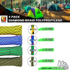 Wellmax Diamond Braided Polypropylene Rope with UV Treatment and Weather Resistant, 4 Pack 3/16 inch x 50ft Multi-Color and 8 Bonus Spring Links