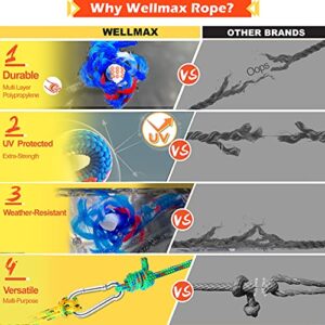 Wellmax Diamond Braided Polypropylene Rope with UV Treatment and Weather Resistant, 4 Pack 3/16 inch x 50ft Multi-Color and 8 Bonus Spring Links