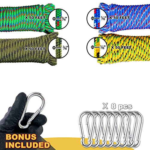 Wellmax Diamond Braided Polypropylene Rope with UV Treatment and Weather Resistant, 4 Pack 3/16 inch x 50ft Multi-Color and 8 Bonus Spring Links