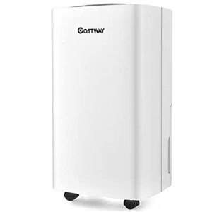 costway dehumidifier for large room and basements, 1500 sq. ft portable 24 pints dehumidifier with 3 modes, 2 speeds, 12h timer, auto or manual drainage, 0.5 gallon water tank, 4 wheels for home and basements